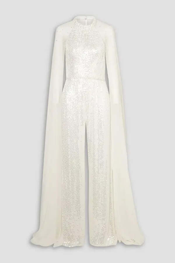 Jenny Packham Cape-effect Sequined Jumpsuit - White