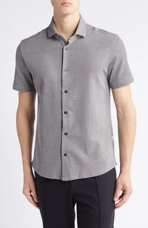 Stone Rose Solid Technical Piqué Knit Short Sleeve Button-up Shirt - Black
