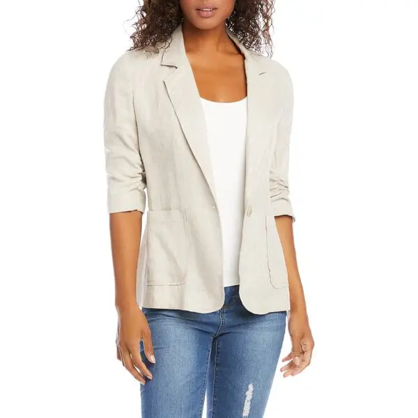 Karen Kane Ruched Sleeve Linen Blazer - Oatmeal