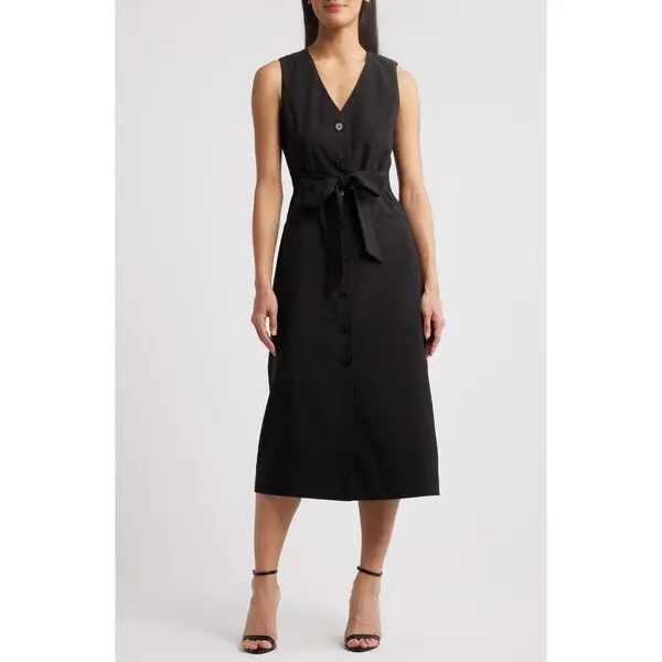 knee length dresses for ladies Lapointe Dark Teal Sleeveless Satin Belted Midi Dress
