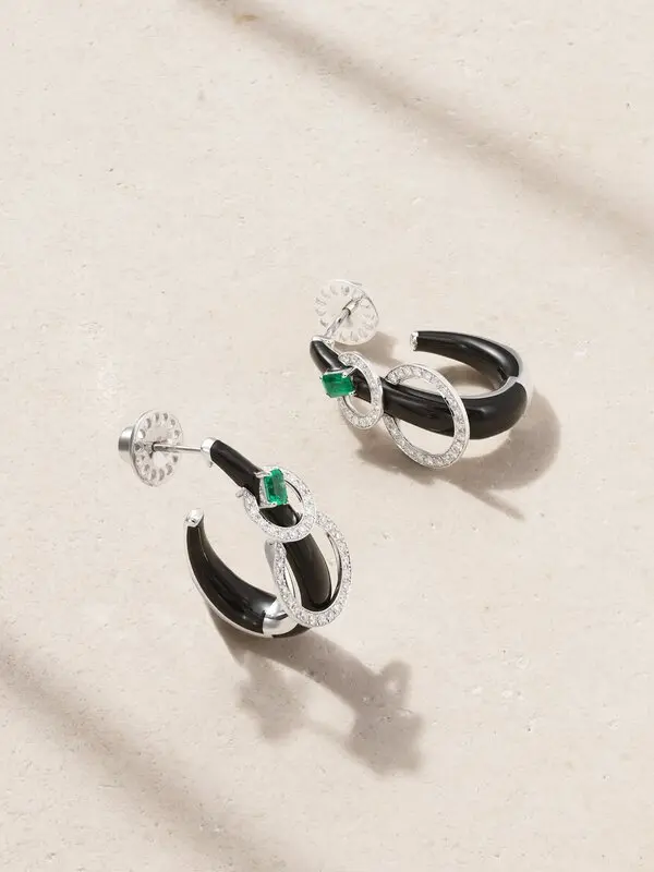 Nikos Koulis 18-karat White Gold, Enamel, Diamond And Emerald Hoop Earrings - Silver