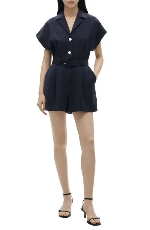 Mango Notched Collar Belted Romper - Dark Navy