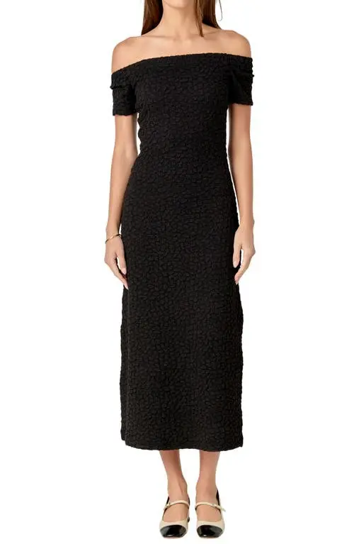 English Factory Textured Off-the-shoulder Midi Dress - Black