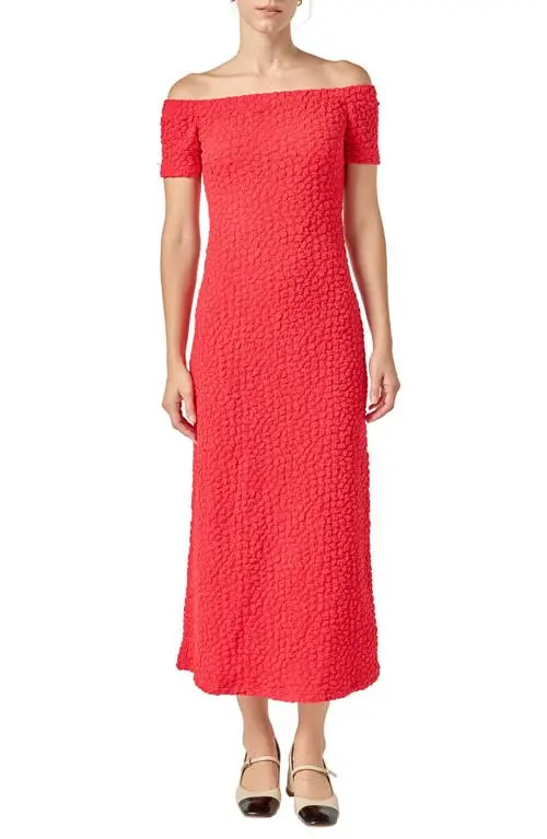 English Factory Textured Off-the-shoulder Midi Dress - True Red