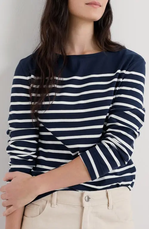 SEASALT CORNWALL Sailor Stripe Long Sleeve Organic Cotton T-shirt - Falmouth Breton Maritime Chalk