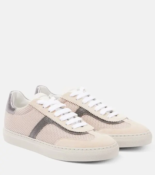 Brunello Cucinelli Monili Suede And Mesh Sneakers - Beige