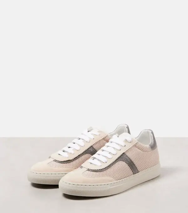 Brunello Cucinelli Monili Suede And Mesh Sneakers - Beige