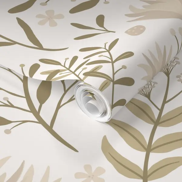 Spoonflower Blooms Cream Green Flowers Floral Tan Neutral Custom Removable Wallpaper - Beige,white