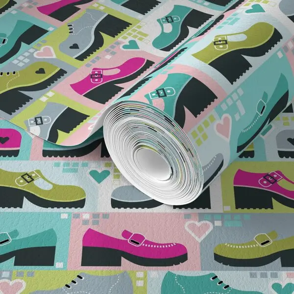 Spoonflower Shoes Platform 90s Millennial Vintage Chunky Heel Traditional Wallpaper - Green,pink
