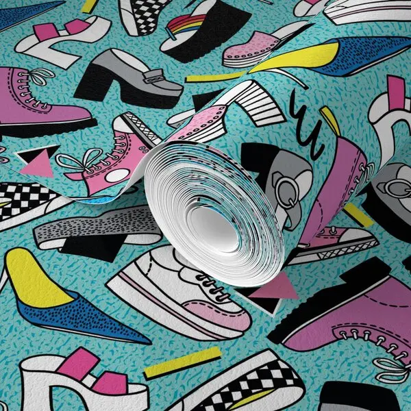 Spoonflower 90s Style Doodle Shoes Boots Rainbow Flipflop Traditional Wallpaper - Blue