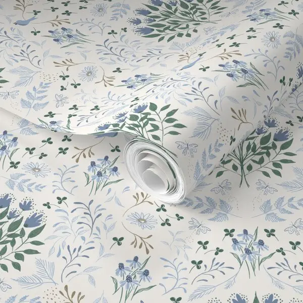 Spoonflower Leaves Butterflies Birds Home Damask Clovers Custom Pre-pasted Wallpaper - Blue,beige