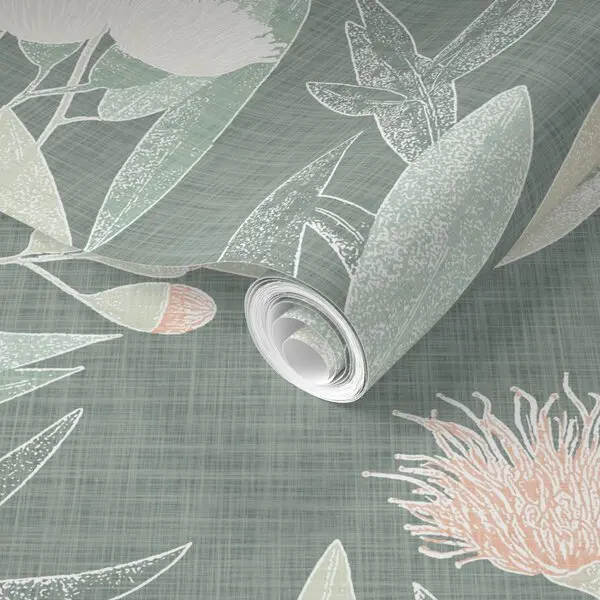 Spoonflower Australian Eucalyptus Neutral Floral Botanical Custom Pre-pasted Wallpaper - Green,pink