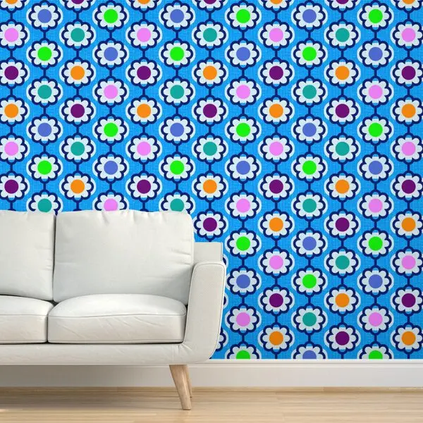 Spoonflower Mod Blooms Flowers 60s Multicolored Retro Traditional Wallpaper