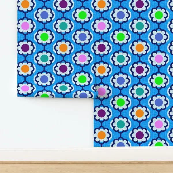Spoonflower Mod Blooms Flowers 60s Multicolored Retro Traditional Wallpaper