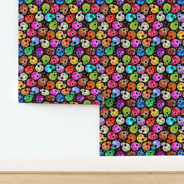 Spoonflower Skulls Dead Halloween Modern Sugar Calaveras Skull Custom Pre-pasted Wallpaper