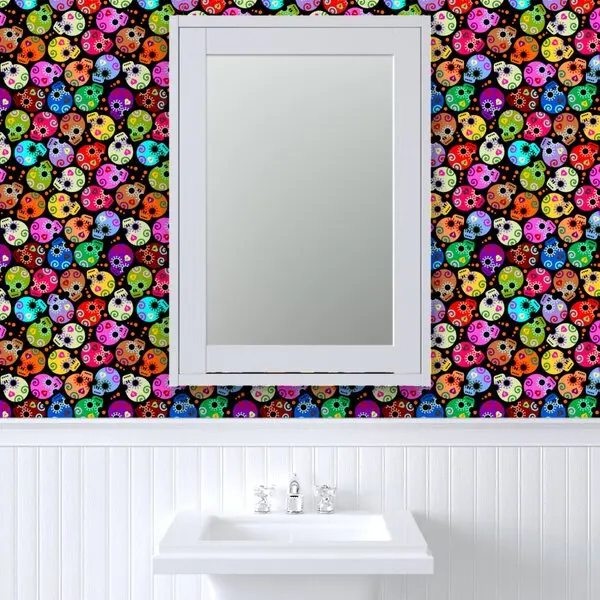 Spoonflower Skulls Dead Halloween Modern Sugar Calaveras Skull Custom Pre-pasted Wallpaper