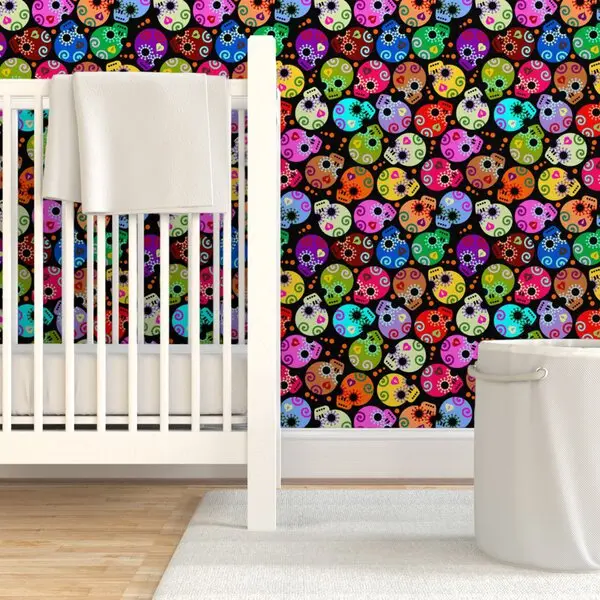Spoonflower Skulls Dead Halloween Modern Sugar Calaveras Skull Custom Pre-pasted Wallpaper