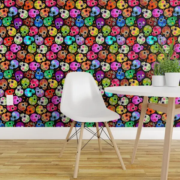 Spoonflower Skulls Dead Halloween Modern Sugar Calaveras Skull Custom Pre-pasted Wallpaper