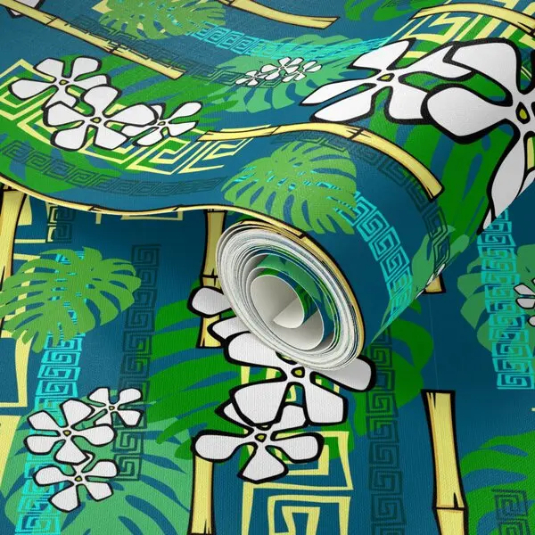 Spoonflower Large Hawaiian Tiki Retro Cartoon Tropic Traditional Wallpaper - Green,white