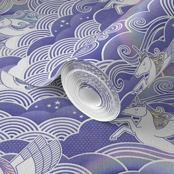 Spoonflower Unicorn Dreams Periwinkle Clouds Sky Fantasy Traditional Wallpaper - Purple,white
