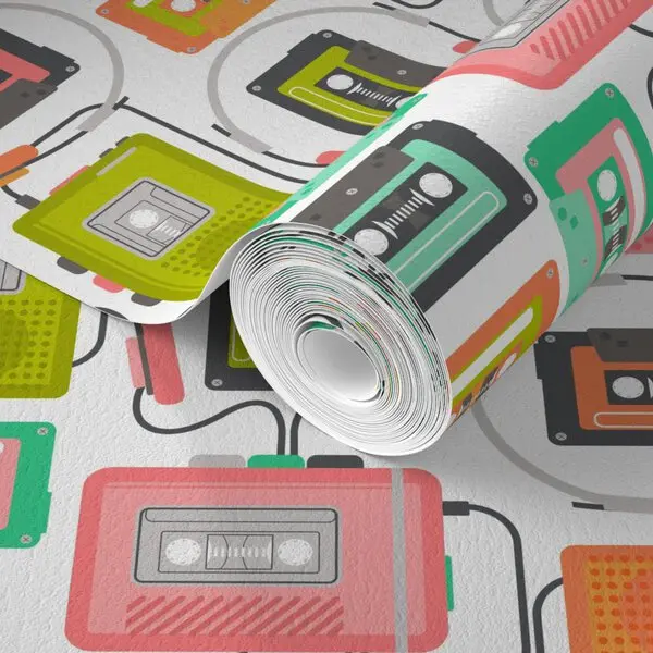 Spoonflower Cassette Y2k Vintage Throwback Music Player Traditional Wallpaper - Orange