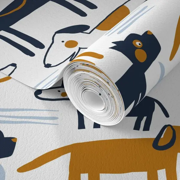 Spoonflower Playful Pups Dogs Navy Love Puppies Gender Neutral Traditional Wallpaper - White,gold