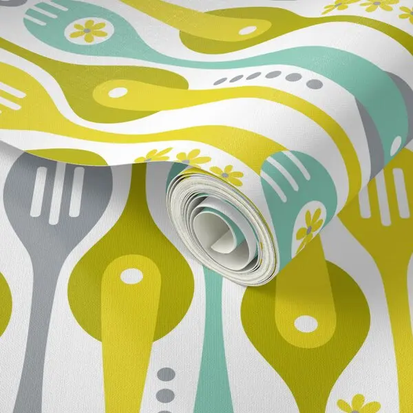 Spoonflower Spoons Kitchen Cooking Silverware Retro Mid Custom Pre-pasted Wallpaper - Yellow,blue