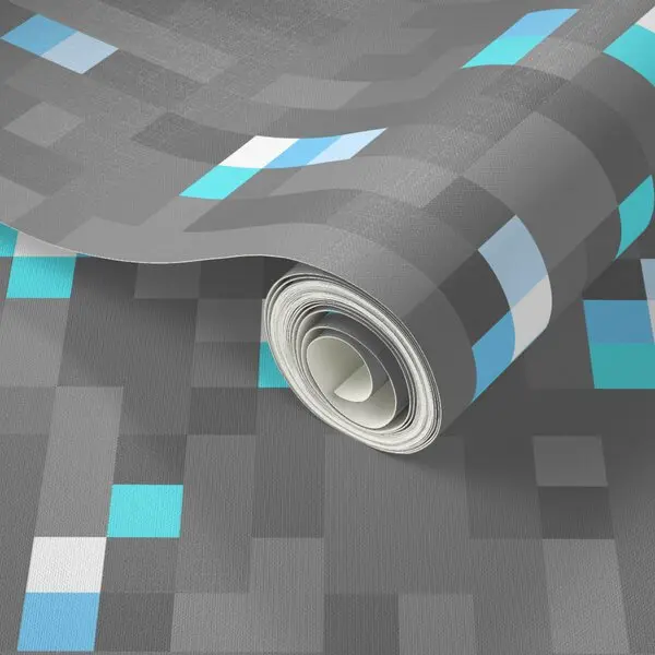 Spoonflower 8 Bit Diamond Mine Theme Custom Pre-pasted Wallpaper - Gray,blue