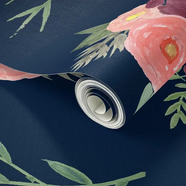 Spoonflower Watercolor Floral Nursery Navy Wine Burgundy Custom Pre-pasted Wallpaper - Blue,purple