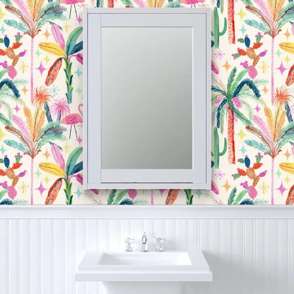 Spoonflower Palm Spring Retro Modern Tropical Mod Cactus Custom Pre-pasted Wallpaper