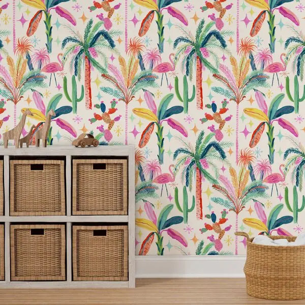 Spoonflower Palm Spring Retro Modern Tropical Mod Cactus Custom Pre-pasted Wallpaper