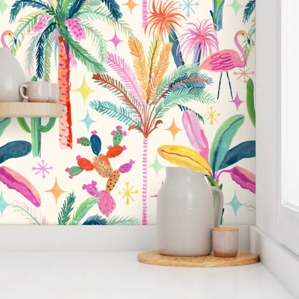Spoonflower Palm Spring Retro Modern Tropical Mod Cactus Custom Pre-pasted Wallpaper