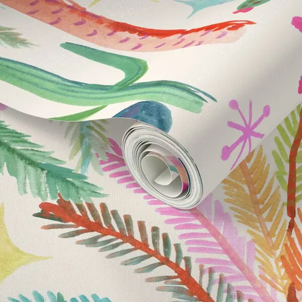 Spoonflower Palm Spring Retro Modern Tropical Mod Cactus Custom Pre-pasted Wallpaper - Rainbow