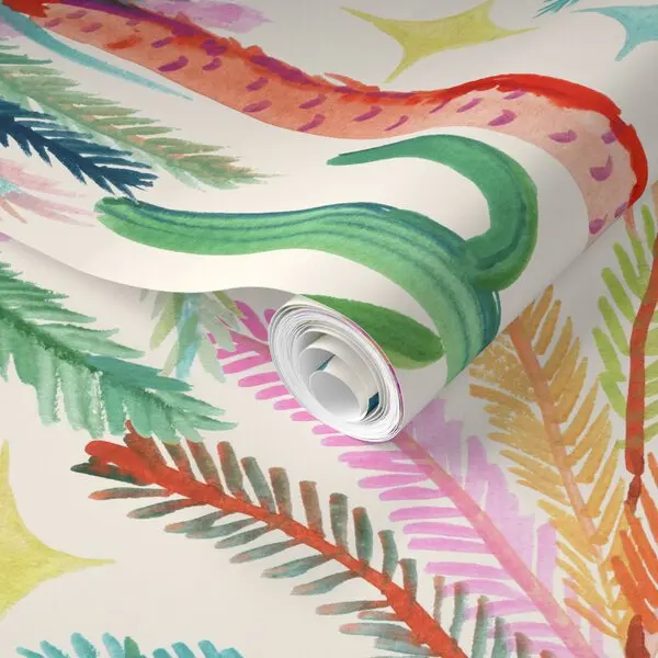 Spoonflower Palm Spring Retro Modern Tropical Mod Cactus Custom Pre-pasted Wallpaper - Rainbow