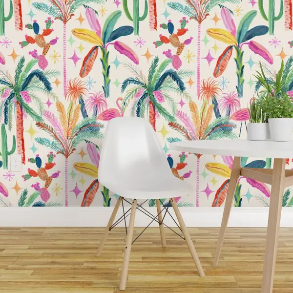 Spoonflower Palm Spring Retro Modern Tropical Mod Cactus Custom Pre-pasted Wallpaper