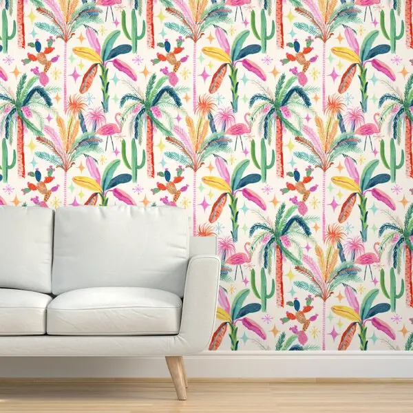 Spoonflower Palm Spring Retro Modern Tropical Mod Cactus Custom Pre-pasted Wallpaper