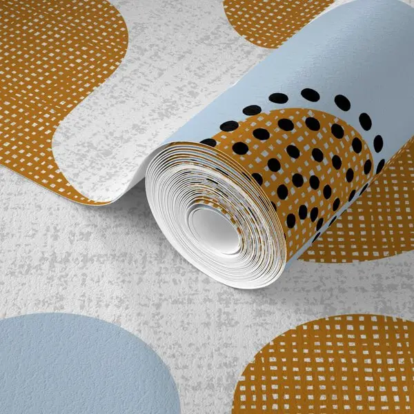 Spoonflower Mod Blooms Flowers Retro 60s Scandi Mid Century Traditional Wallpaper - Blue,gold