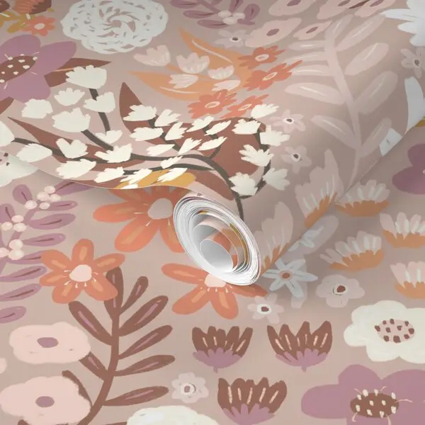 Spoonflower Flower Meadow Earth Tones White Flowers Autumn Custom Pre-pasted Wallpaper - Pink,beige