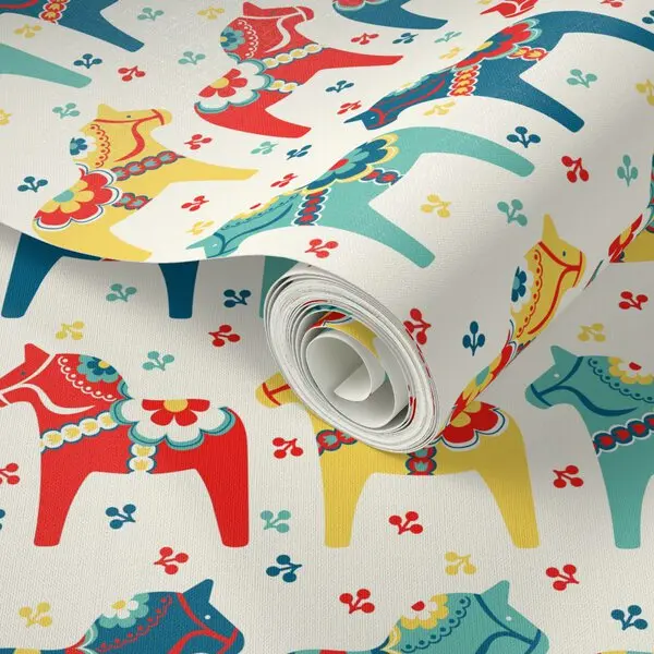 Spoonflower Swedish Dala Horses Folk Art Scandinavian Custom Removable Wallpaper - Beige