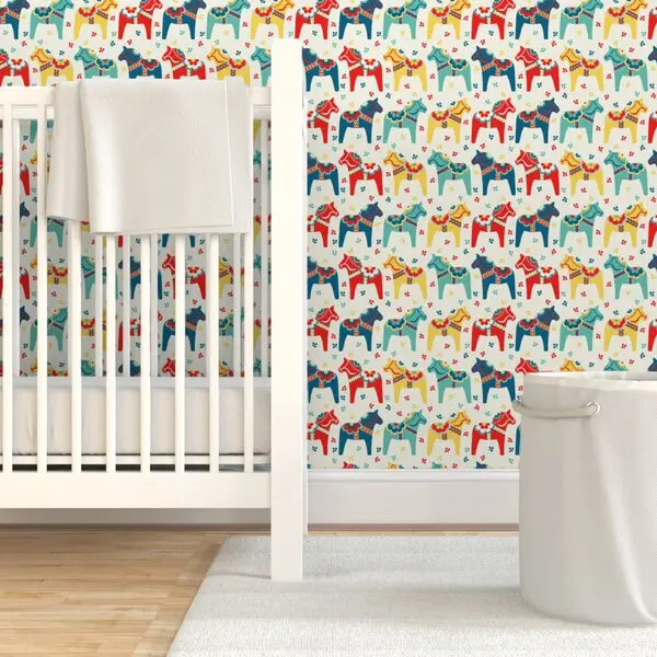 Spoonflower Swedish Dala Horses Folk Art Scandinavian Custom Removable Wallpaper - Beige