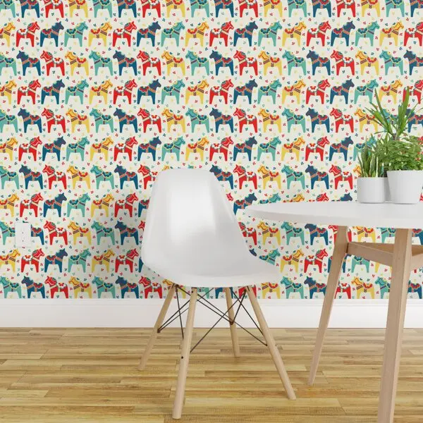 Spoonflower Swedish Dala Horses Folk Art Scandinavian Custom Removable Wallpaper - Beige