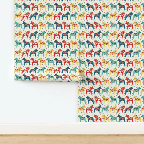 Spoonflower Swedish Dala Horses Folk Art Scandinavian Custom Removable Wallpaper - Beige