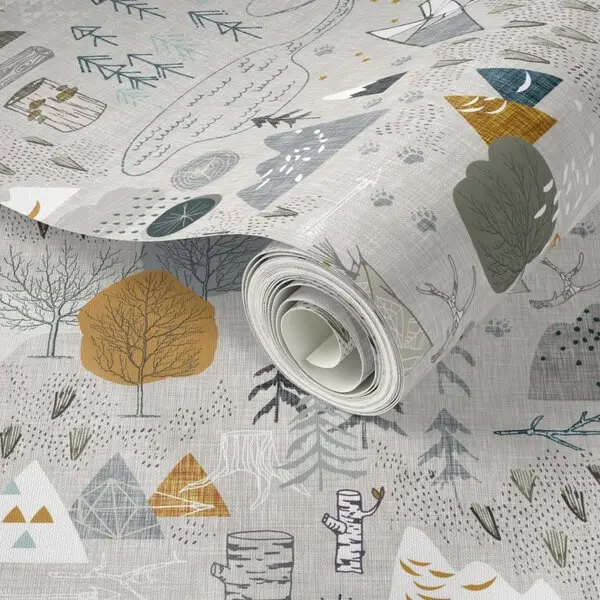 Spoonflower Grey Rustic Adventure Mountain Woodland Trees Custom Pre-pasted Wallpaper - Gray,gold