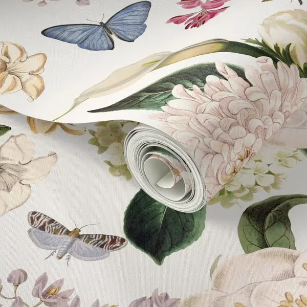 Spoonflower Regency Vintage Floral Bouquets Butterflies Custom Pre-pasted Wallpaper - White,pink
