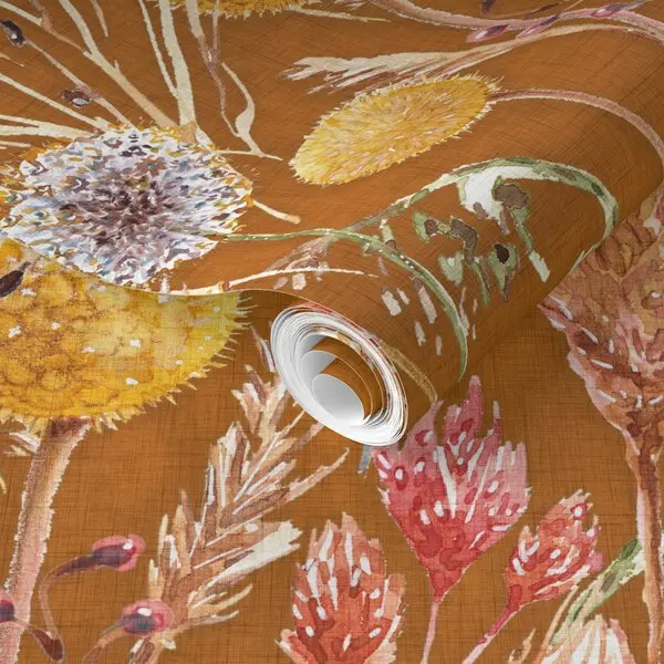 Spoonflower Wildflowers Fall Autumn Floral Nature Cottagecore Custom Pre-pasted Wallpaper - Orange