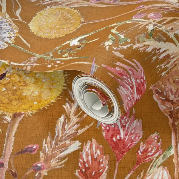 Spoonflower Wildflowers Fall Autumn Floral Nature Cottagecore Custom Pre-pasted Wallpaper - Orange
