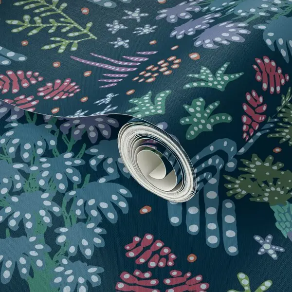 Spoonflower Tropical Flora Waterfalls Floral Nature Moody Custom Pre-pasted Wallpaper - Blue