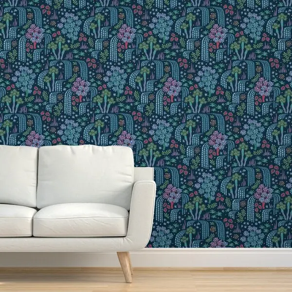 Spoonflower Tropical Flora Waterfalls Floral Nature Moody Custom Pre-pasted Wallpaper - Blue