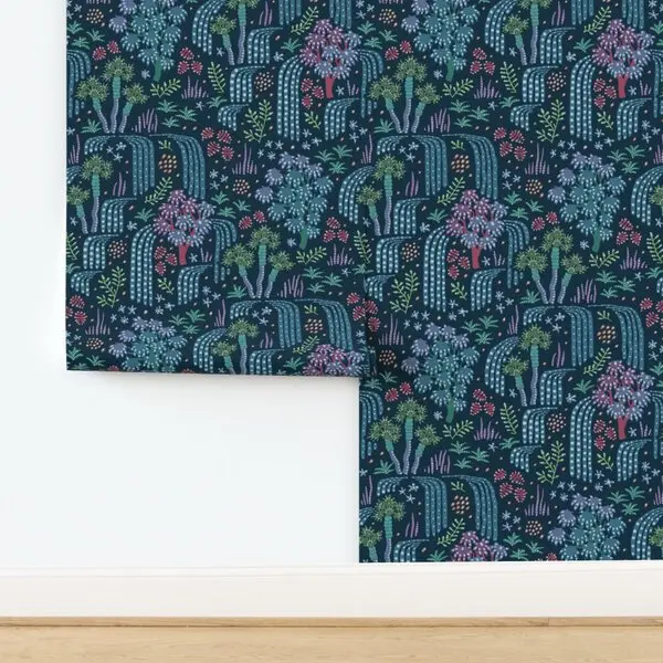 Spoonflower Tropical Flora Waterfalls Floral Nature Moody Custom Pre-pasted Wallpaper - Blue