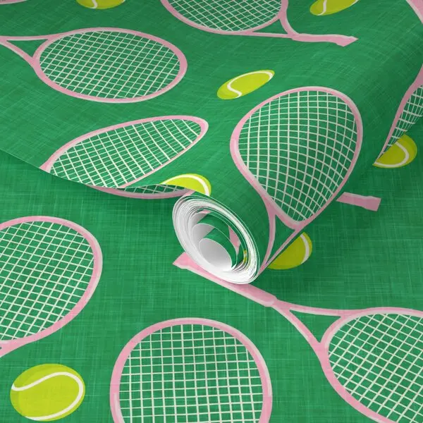Spoonflower Tennis Ball Sports Preppy Racquet Tennis Racket Custom Removable Wallpaper - Green,pink